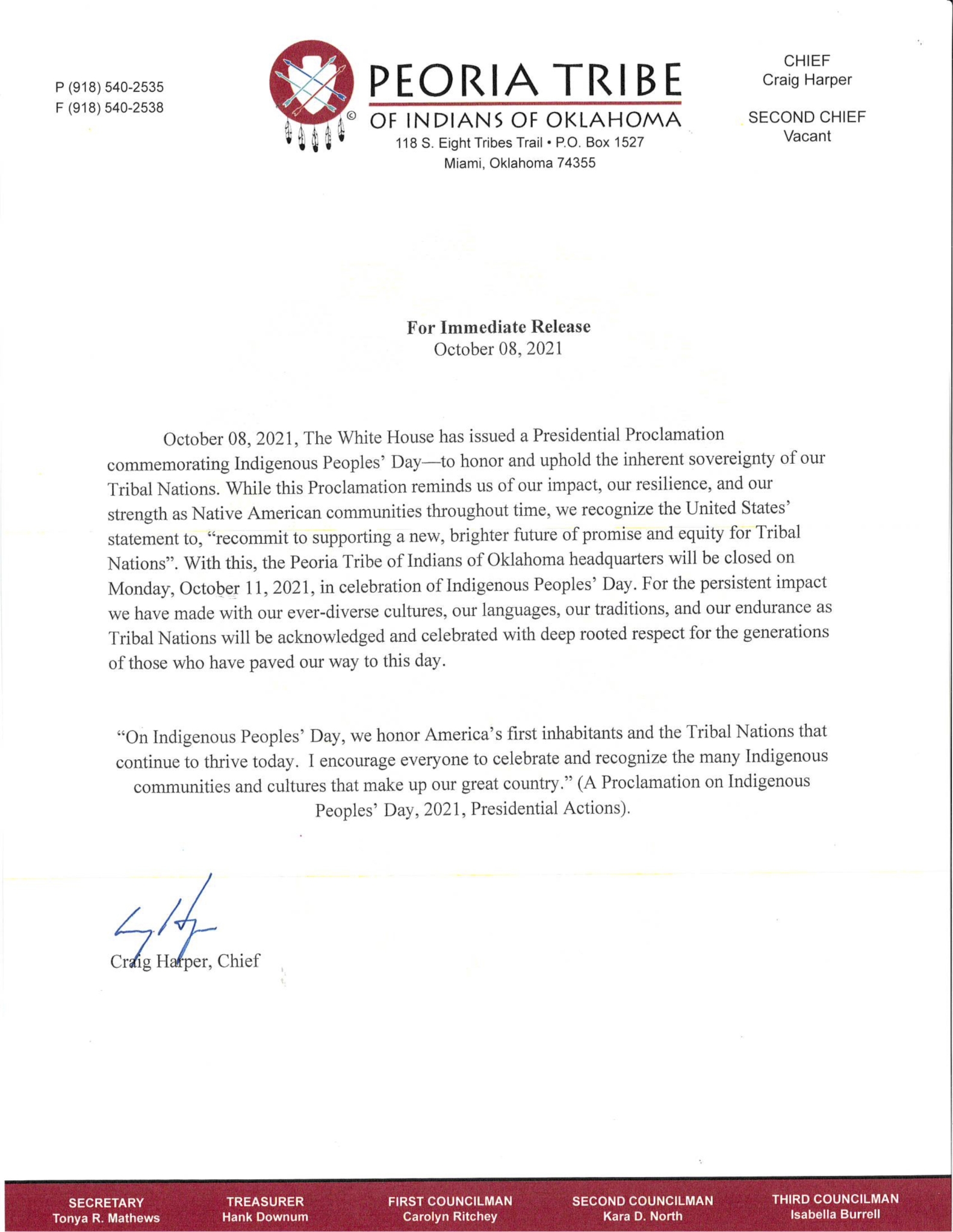 A Proclamation on Indigenous Peoples’ Day 2021 – Peoria Tribe Of ...