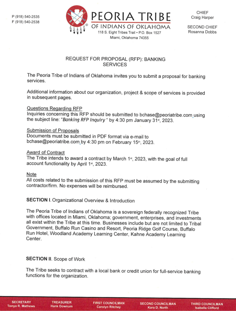 Request for Proposal (RFP): Banking Services – Peoria Tribe Of Indians ...